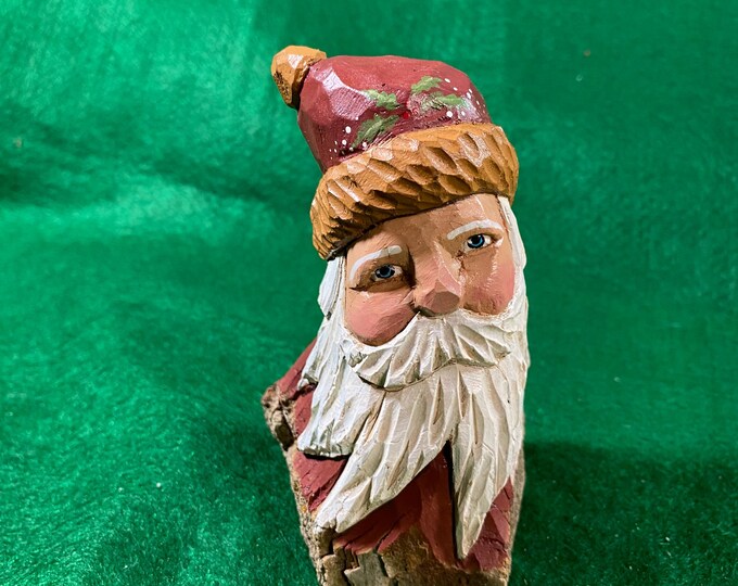 Carved Santa in Cottonwood Bark With Holly on His Cap - Etsy