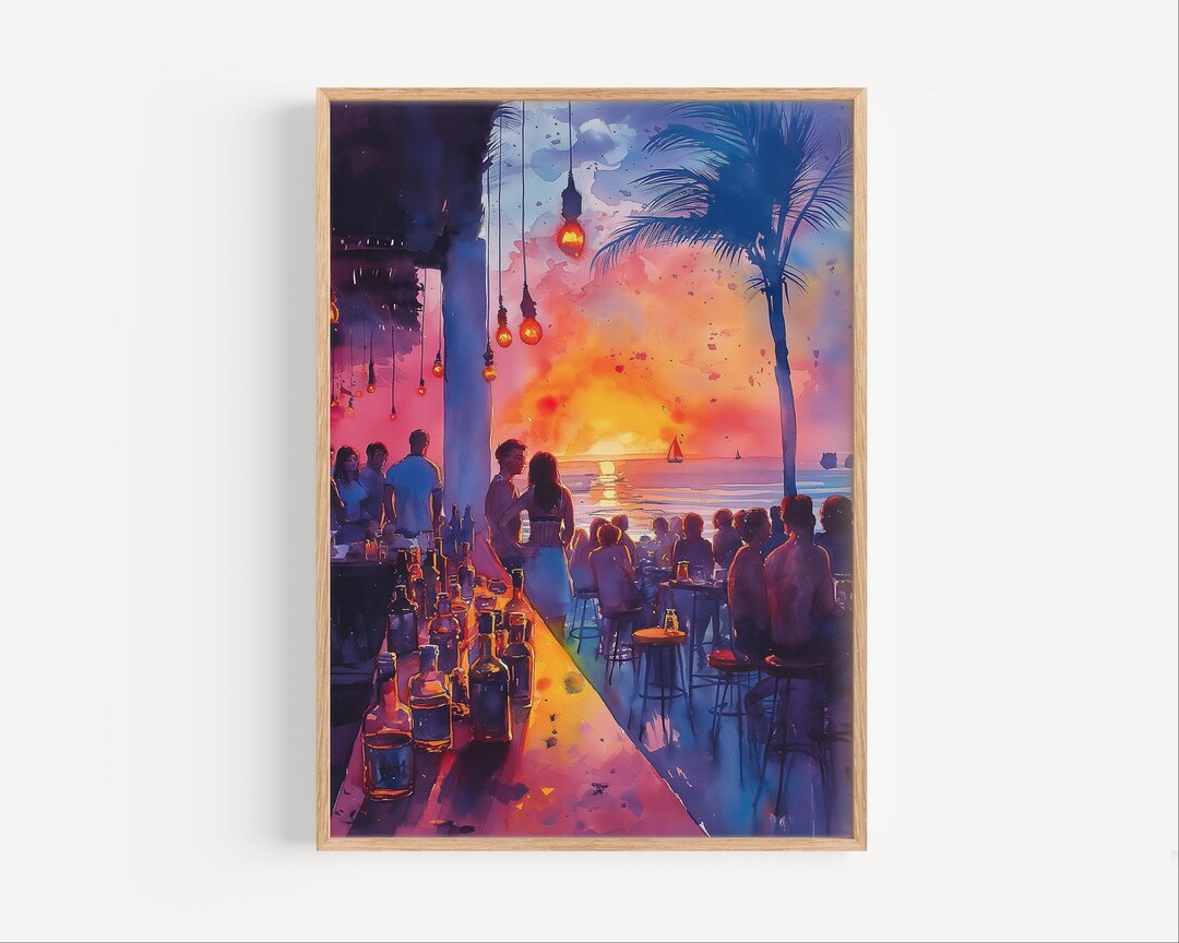 Ibiza Beach Club Bar at Sunset Watercolor Painting, Ibiza Spain Poster ...