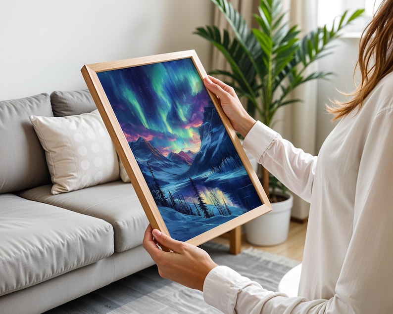 Northern Lights Watercolor Painting, North Canada Aurora Borealis Wall ...