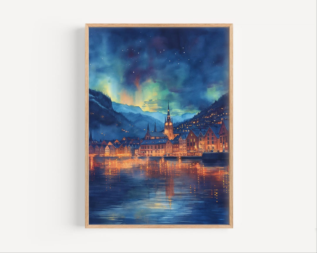 Bergen Norway Northern Lights Watercolor Painting, Fjord Aurora ...
