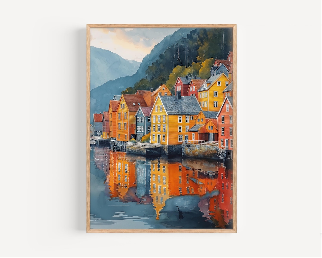 Bergen Norway Watercolor Painting, Norwegian Poster Print or Canvas ...