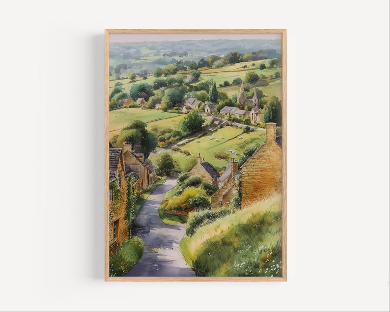 Cotswolds Watercolor Painting Print: English Countryside Landscape Art ...