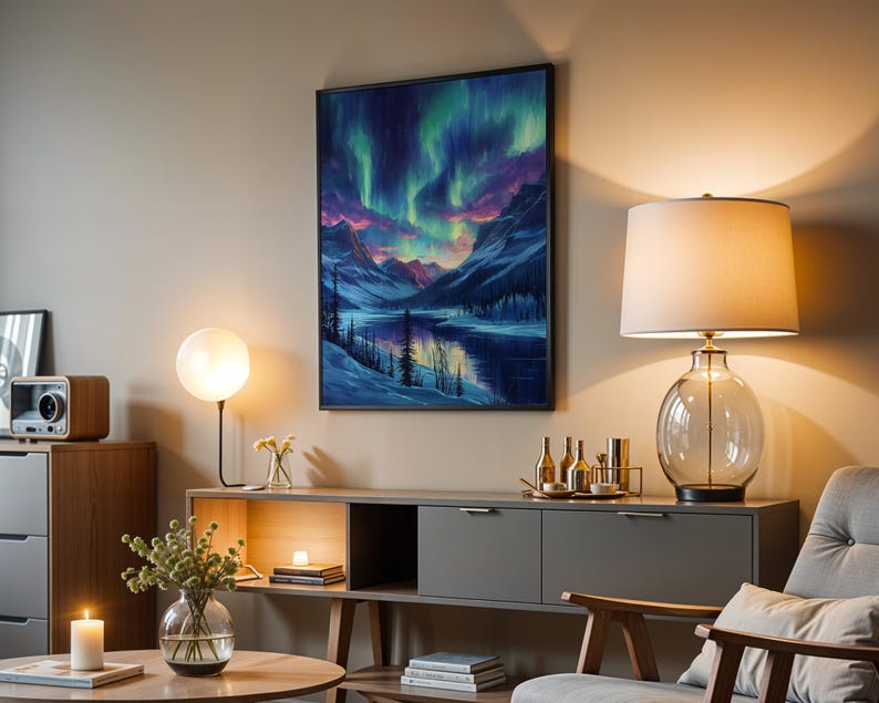 Northern Lights Watercolor Painting, North Canada Aurora Borealis Wall ...