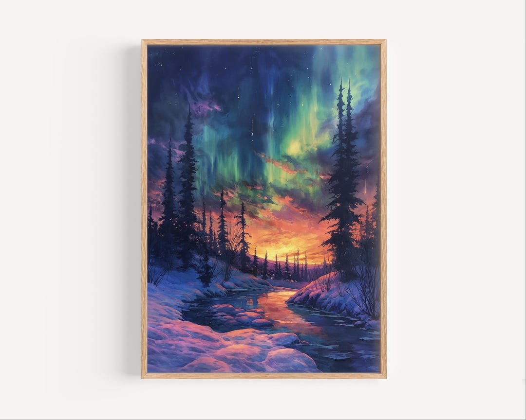 Northern Lights Over Lapland Finland Watercolor Painting Aurora ...