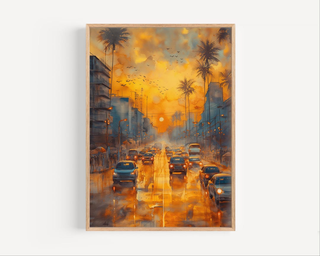 Kinshasa Sunset Watercolor Painting, Democratic Republic of Congo ...