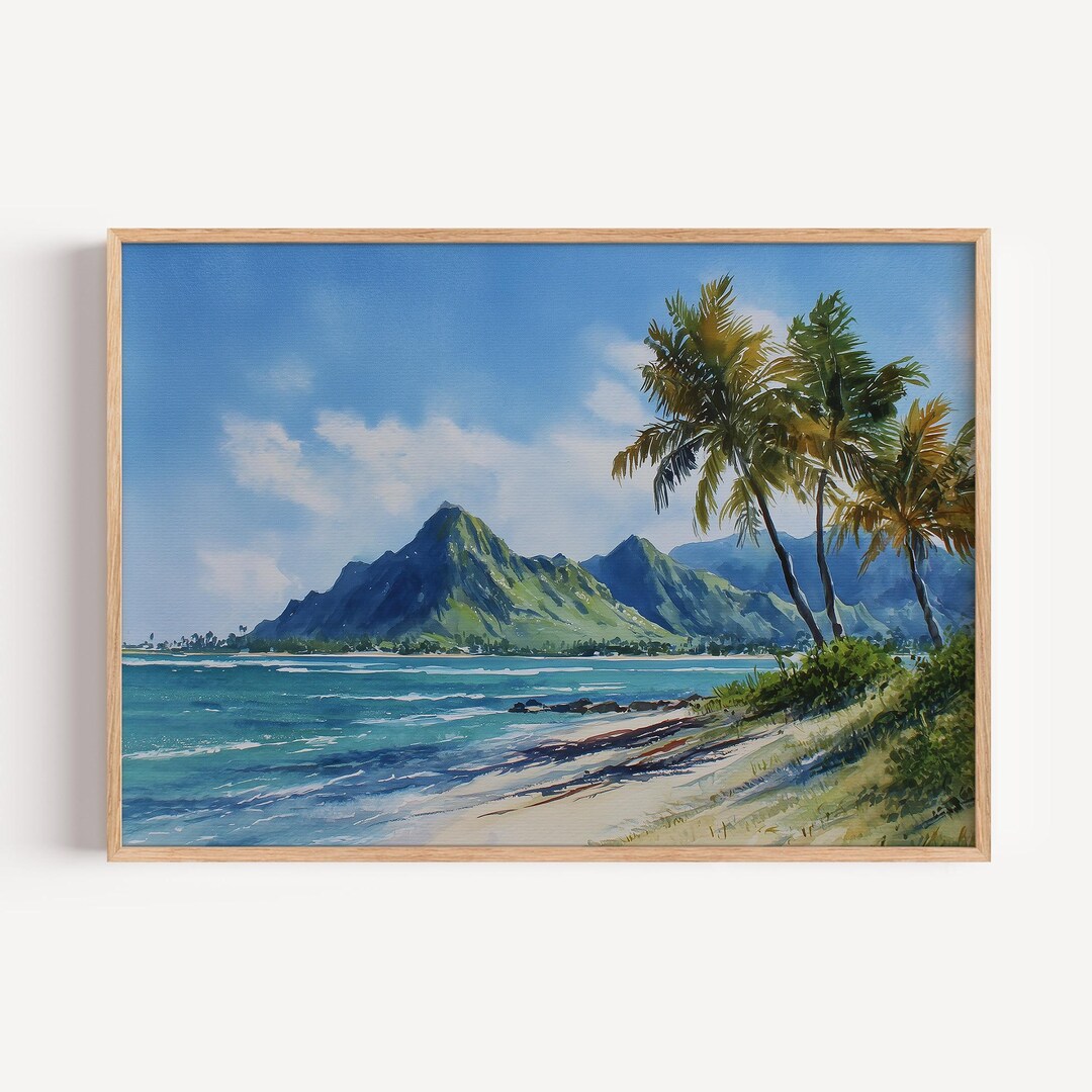 Oahu Beach Landscape Watercolor Painting Print, Oahu Hawaii Beach Wall ...