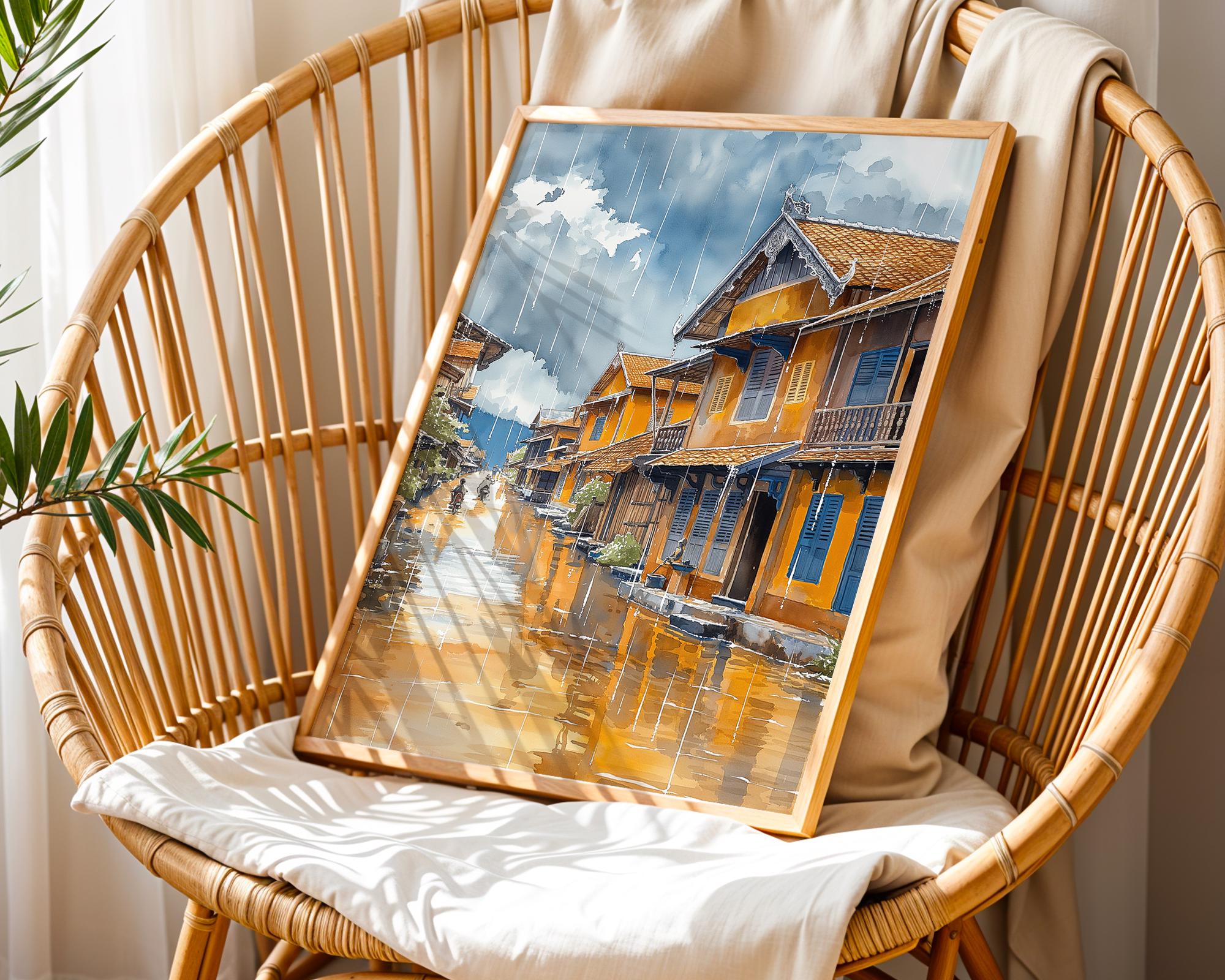 Battambang Cambodia Rain Watercolor Painting Krong Battambang Southeast ...