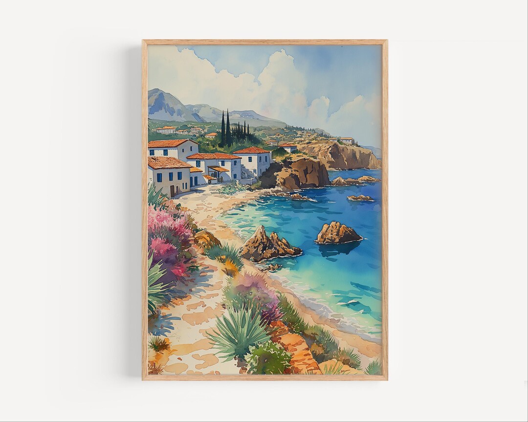Paphos Cyprus Watercolor Painting Mediterranean Coastline Travel Poster ...