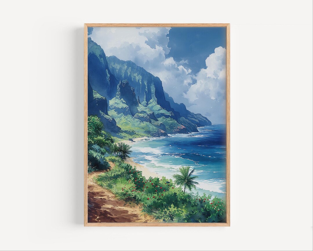 Na Pali Coast Hawaii Watercolor Painting, Kauai Island Wall Art Poster ...