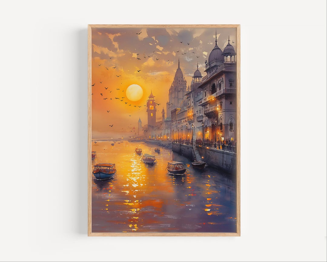 Mumbai India Waterfront Watercolor Painting, Bombay Sunset Wall Art ...