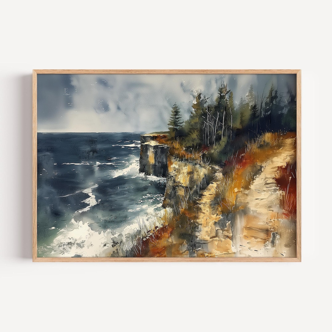 Lake Superior Shoreline Distressed Weathered Style Landscape Watercolor ...