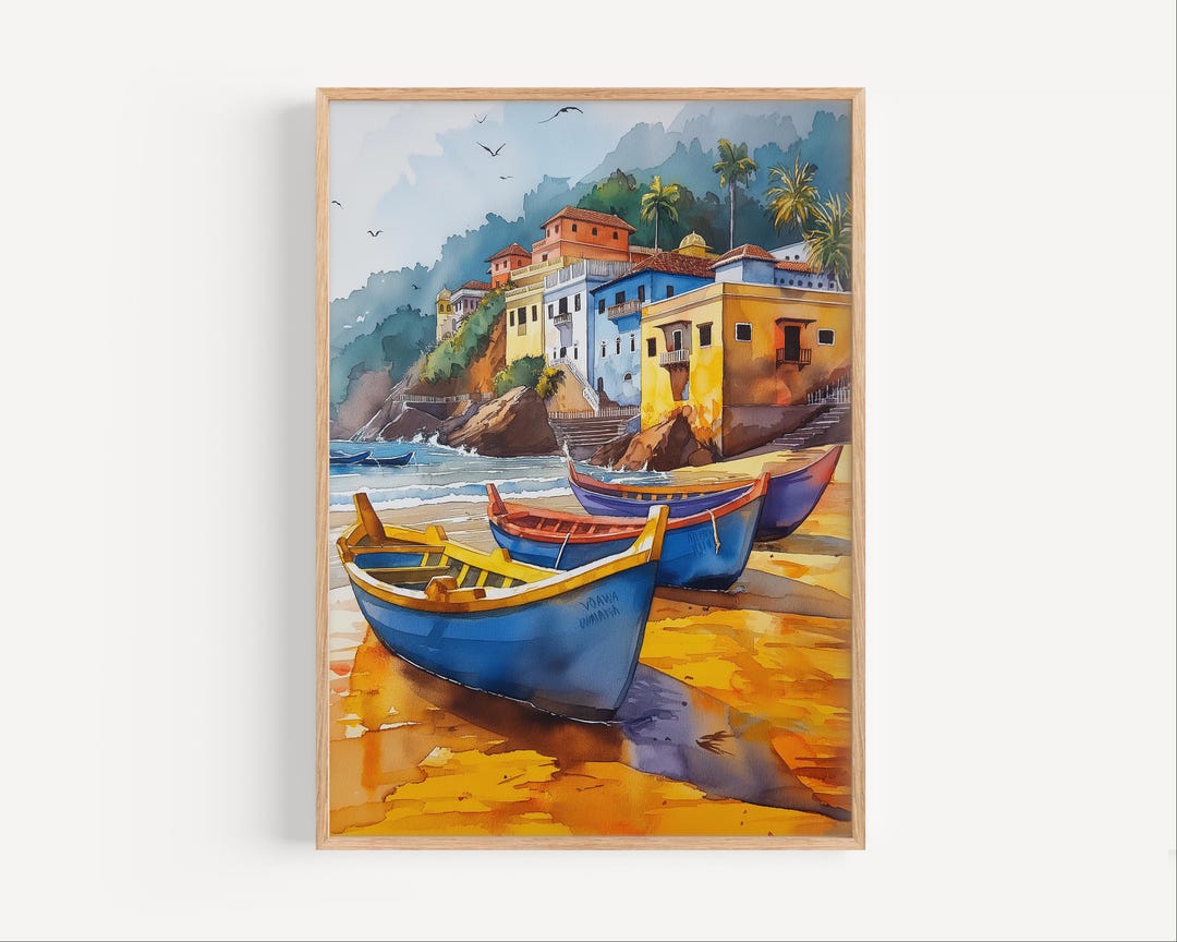 Goa India Beach Watercolor Painting, Canoes on Beach Wall Art Travel ...
