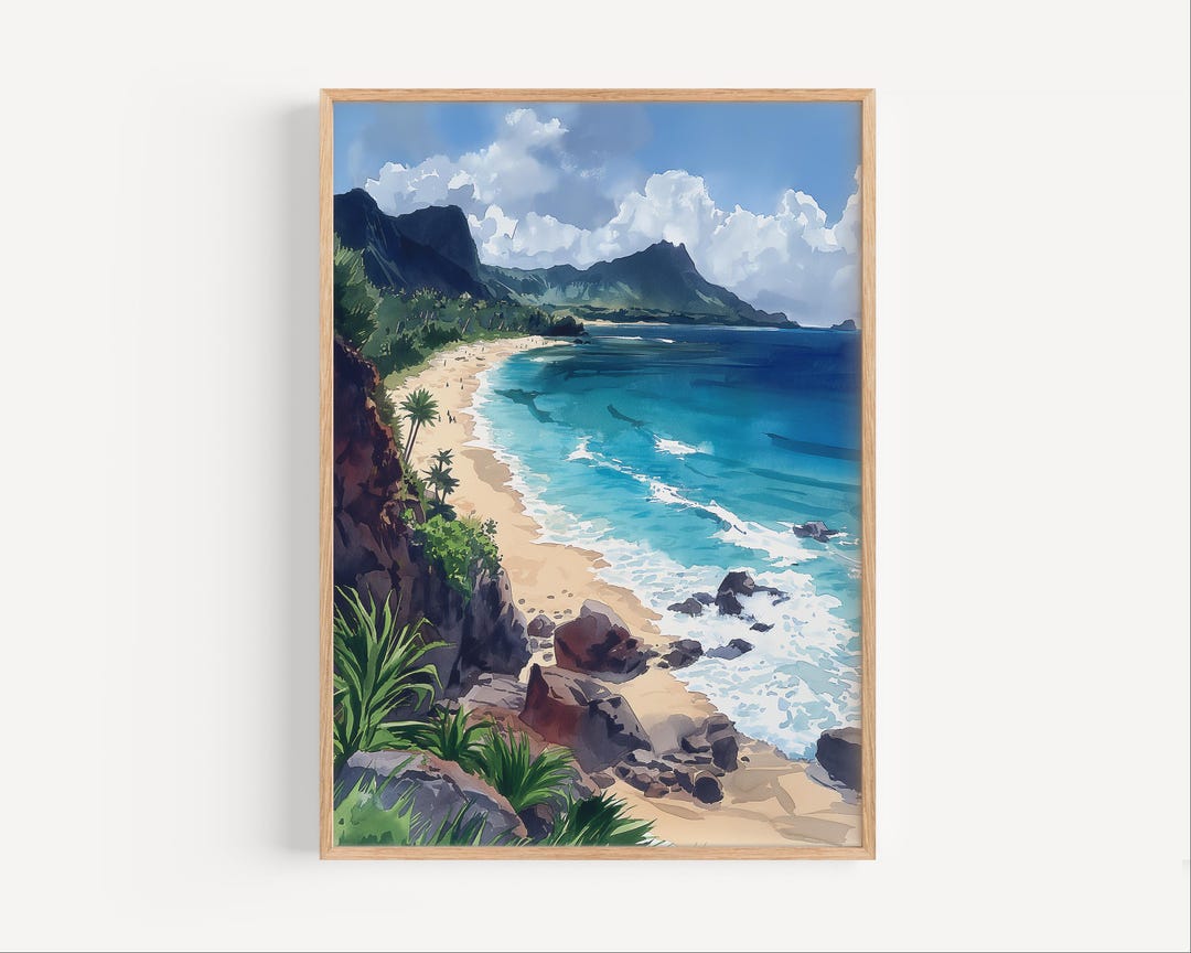 Oahu Beach Watercolor Painting, Oahu Hawaii Beach Wall Art Poster or ...
