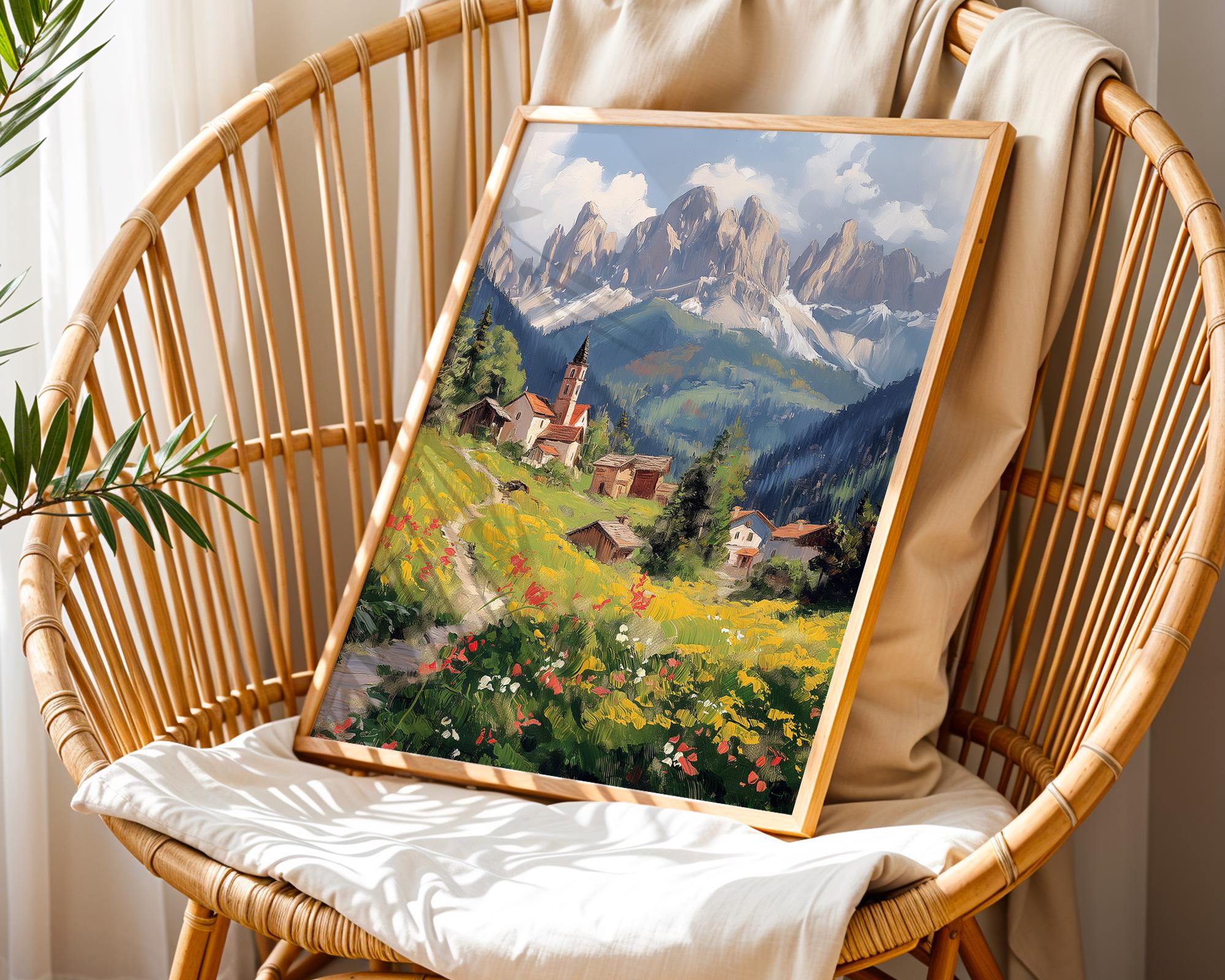 Dolomites Oil Painting, Dolomites Mountain Town Italy Wall Art Poster ...