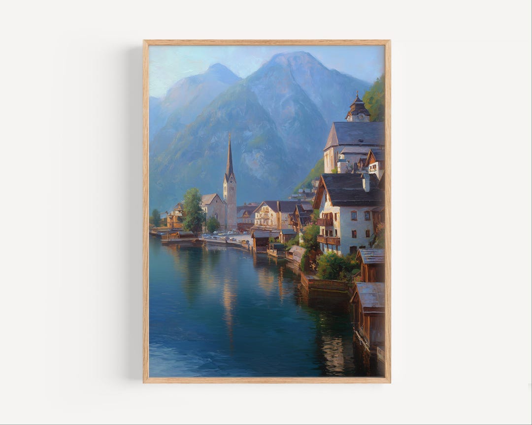 Lake Hallstatt Austria Oil Painting Print, Austrian Alps Poster or ...