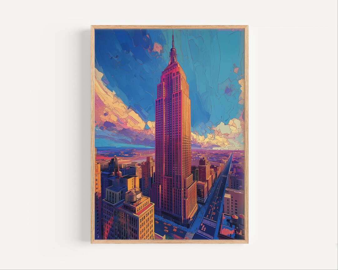 New York City Empire State Building Art Deco Style Painting, NYC Street ...