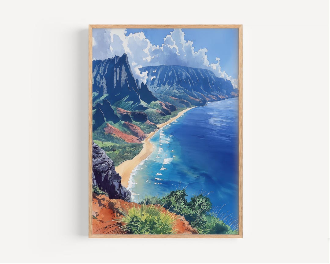 Na Pali Coast Kauai Watercolor Painting, Hawaiian Island Wall Art ...