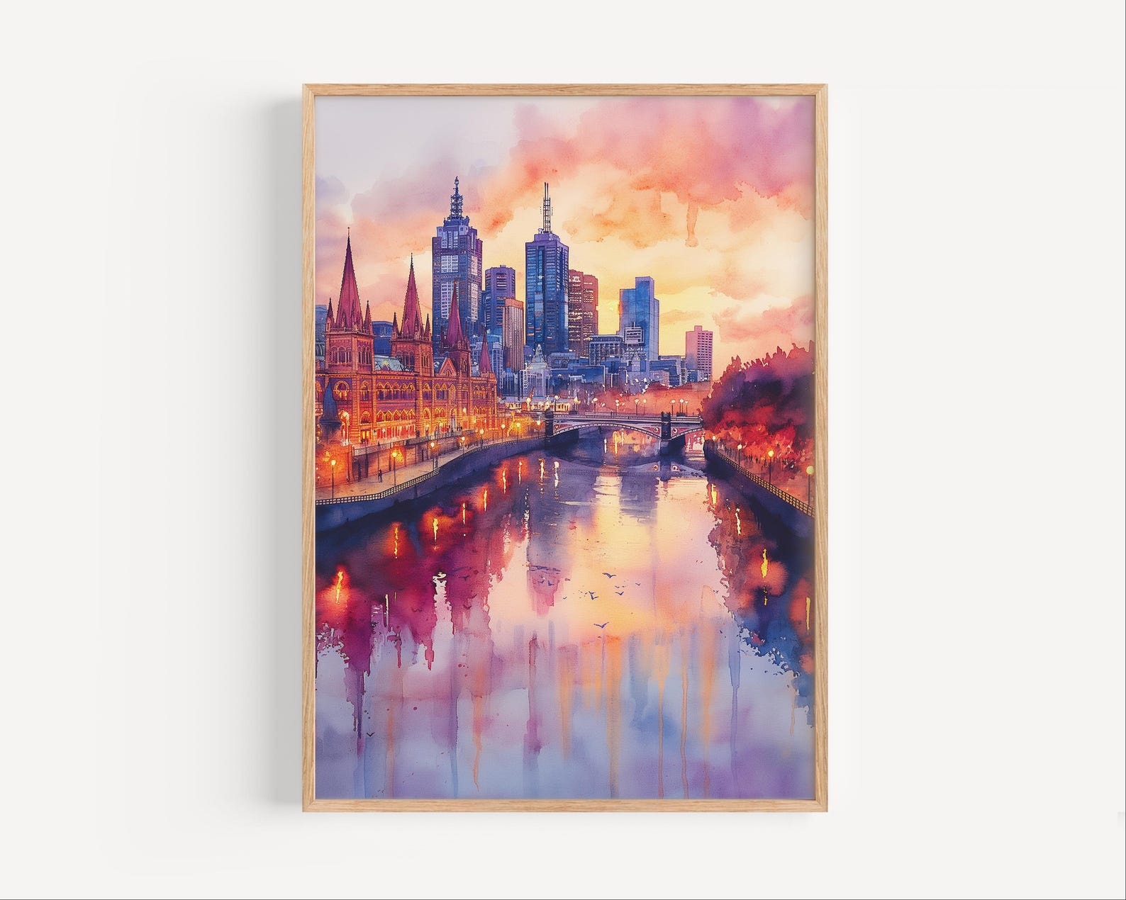 Melbourne Australia Sunset Watercolor Painting Giclée Print Yarra River ...