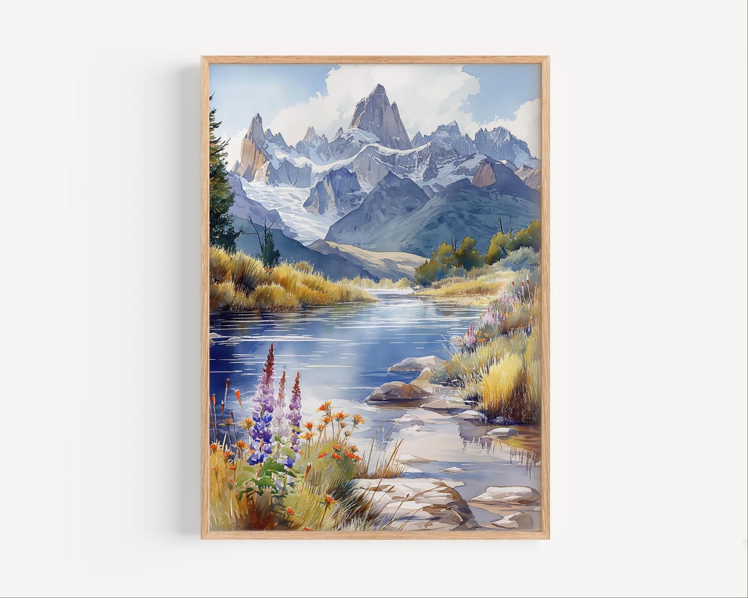 Torres De Paine Chile Watercolor Painting, Patagonia Mountains Alpine ...