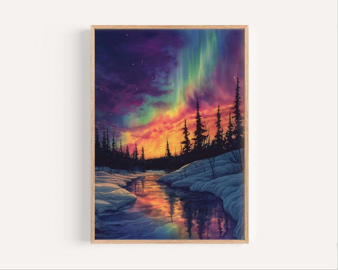 Northern Lights Over Forrest in Minnesota Watercolor Sunset Painting ...