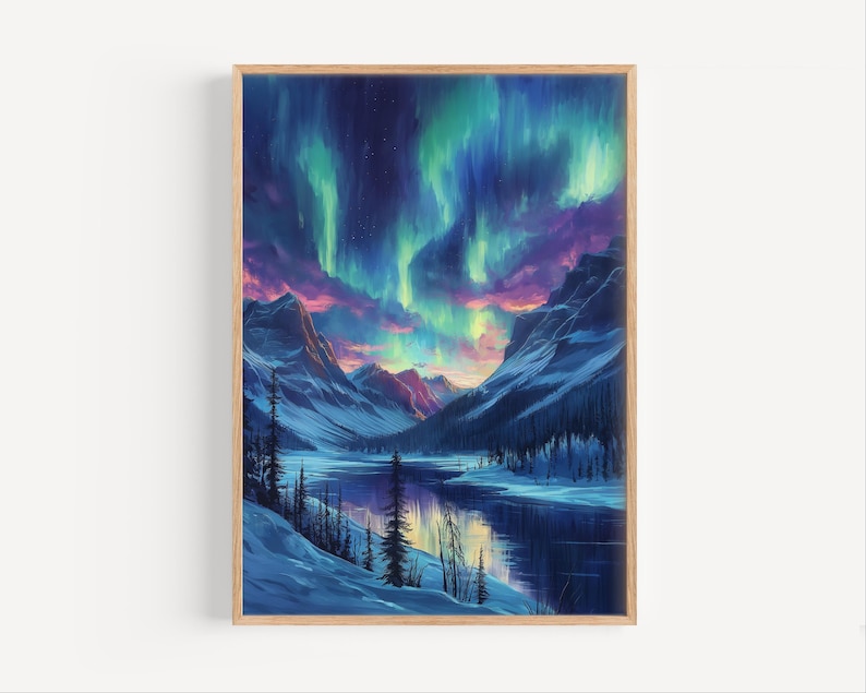 Northern Lights Watercolor Painting, North Canada Aurora Borealis Wall ...