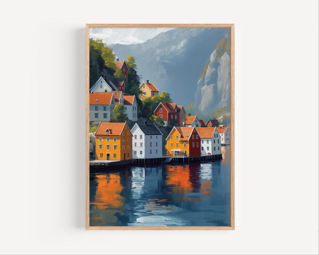 Bergen Norway Oil Painting, Norwegian Fjord Poster Print or Canvas ...