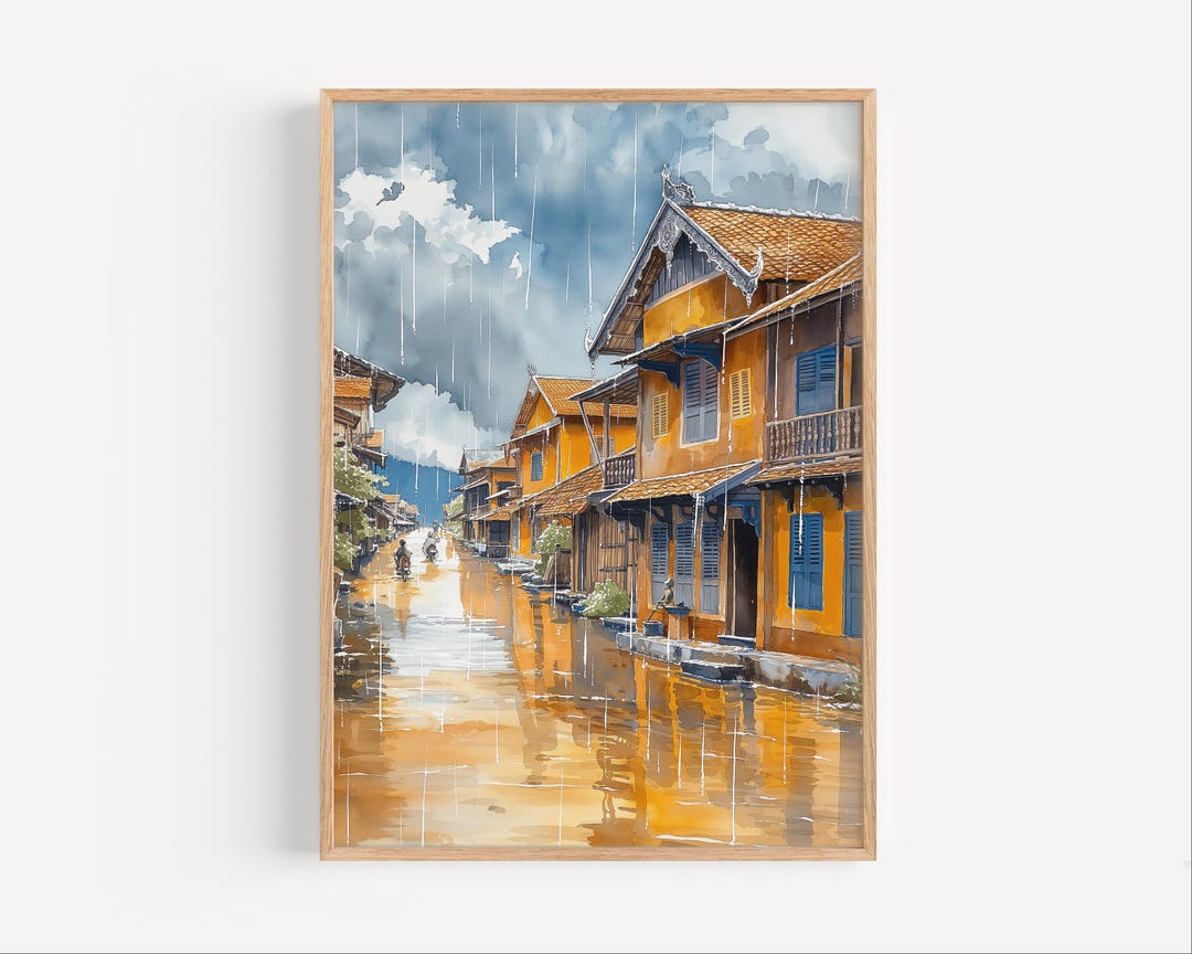 Battambang Cambodia Rain Watercolor Painting Krong Battambang Southeast ...