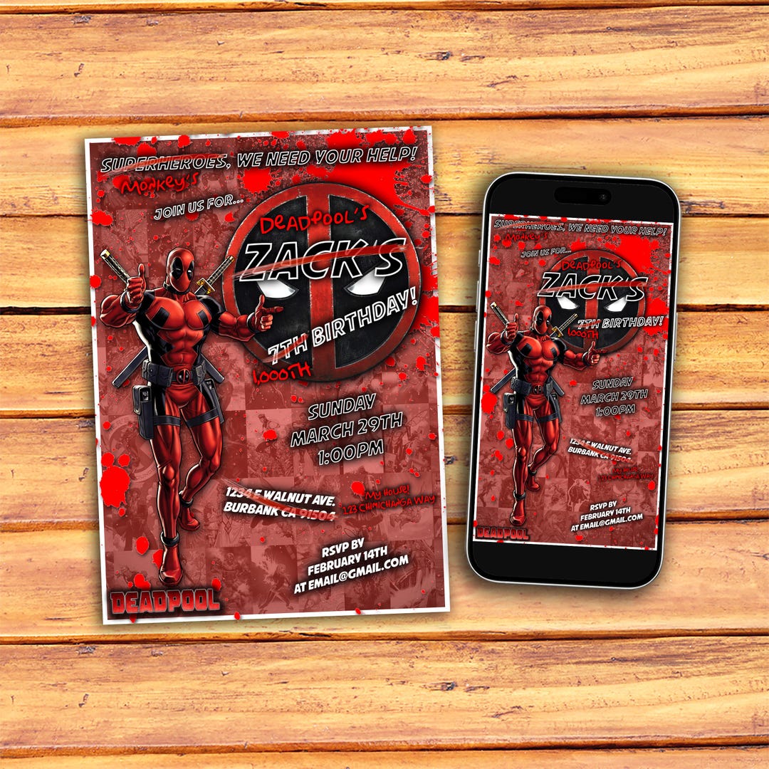 Deadpool Invitation, Deadpool Birthday Invitation, Superhero Printable ...