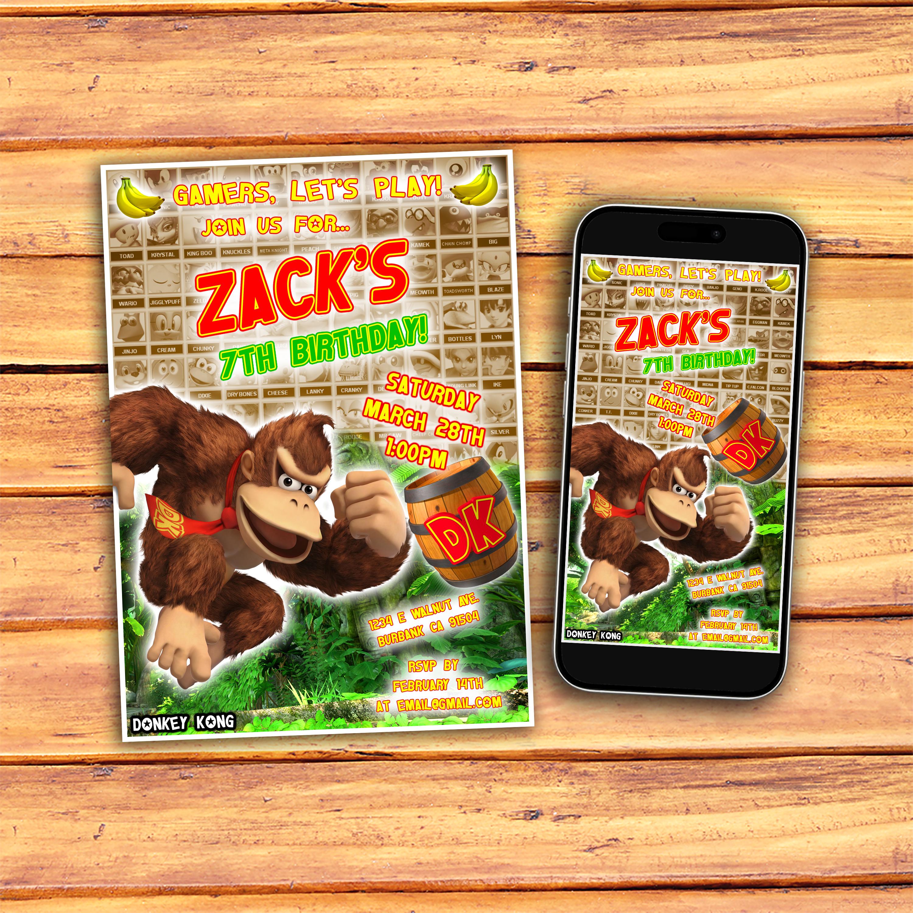 Donkey Kong Invitation, Donkey Kong Birthday Invitation, Video Game ...