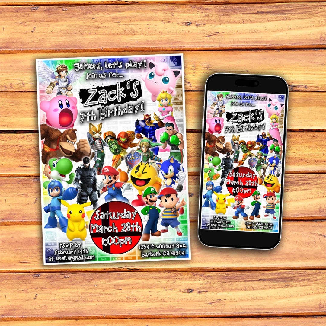 Super Smash Bros Invitation, Video Game Invitation, Super Mario ...