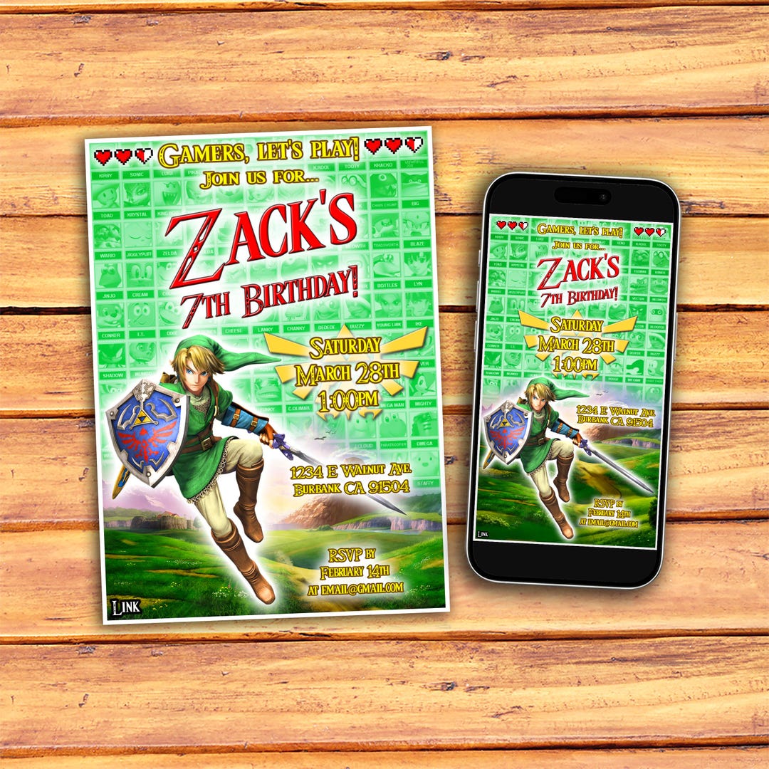 Link Invitation, Zelda Invitation, Legend of Zelda Invitation, Video ...
