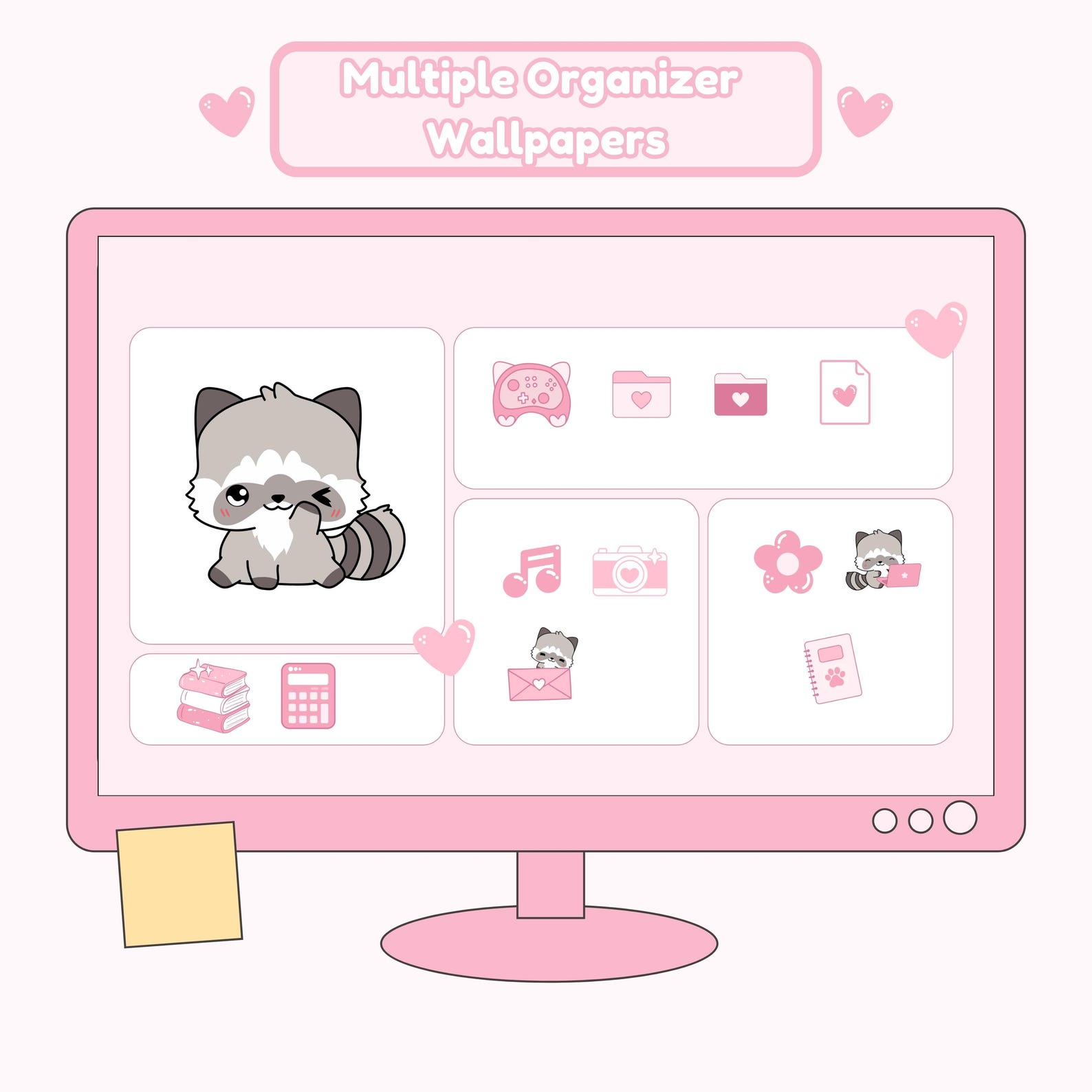Pink Kawaii Raccoon Desktop Theme Pack, Aesthetic Wallpaper Pack ...