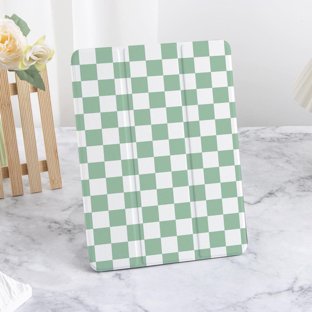 Green and White Checkered iPad Case With Pencil Holder for 2024 New Air ...