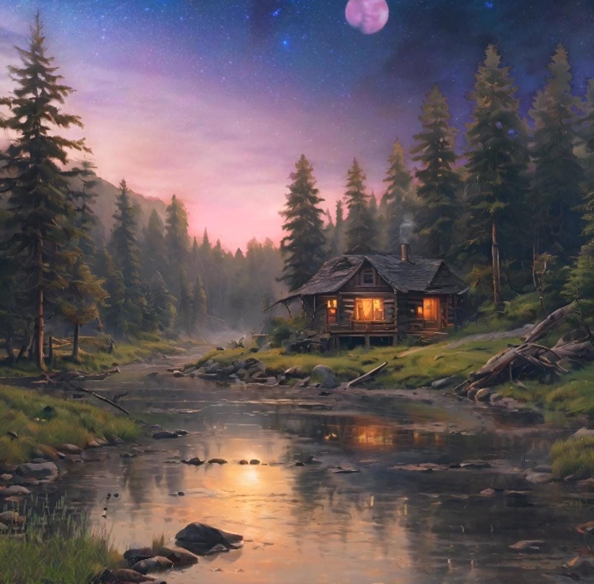Cabin in the Woods Digital Screen Saver, Natural Backgrounds, Nighttime ...