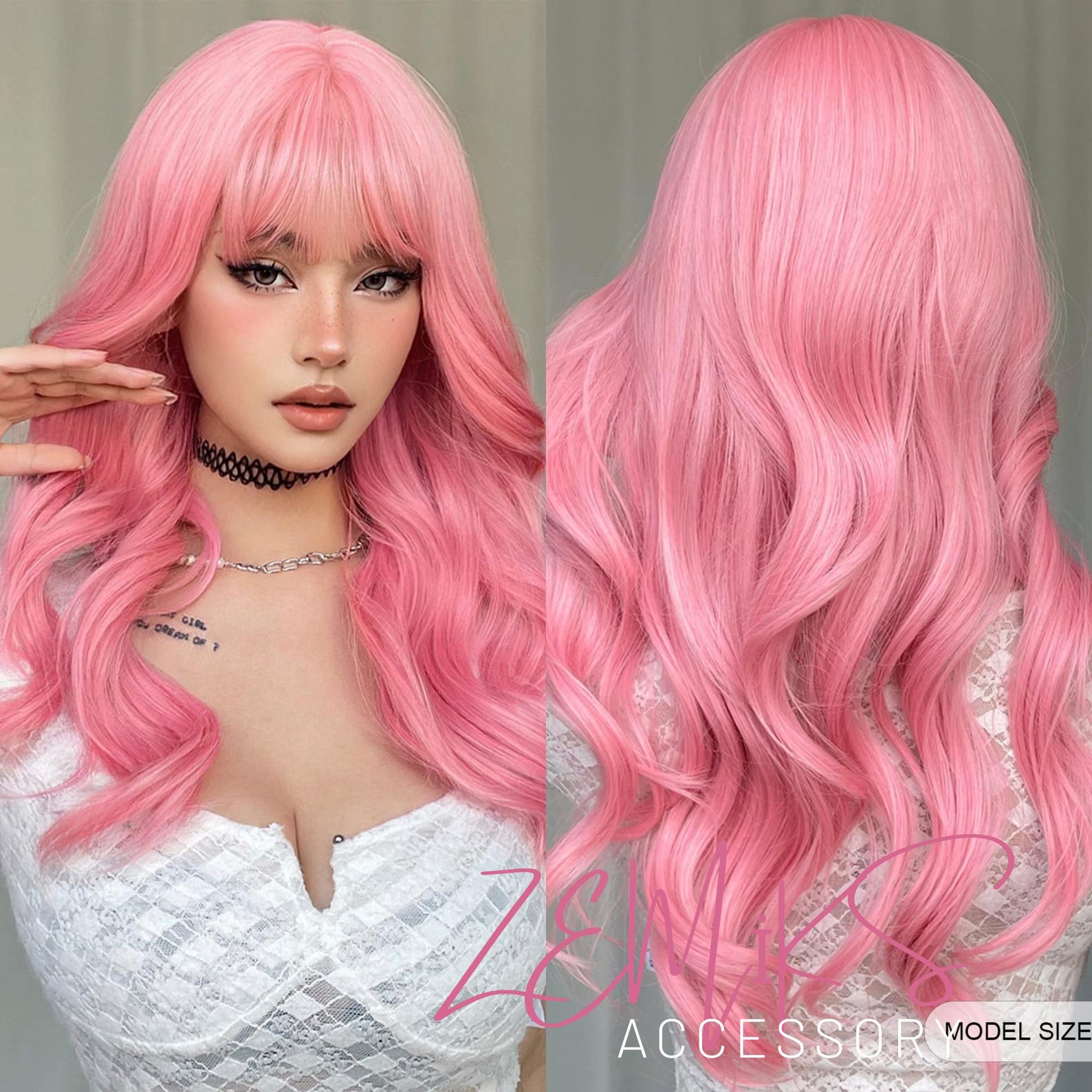 Pink 24 Inch Long Curly Synthetic Wig With Bangs for Women Daily Party ...