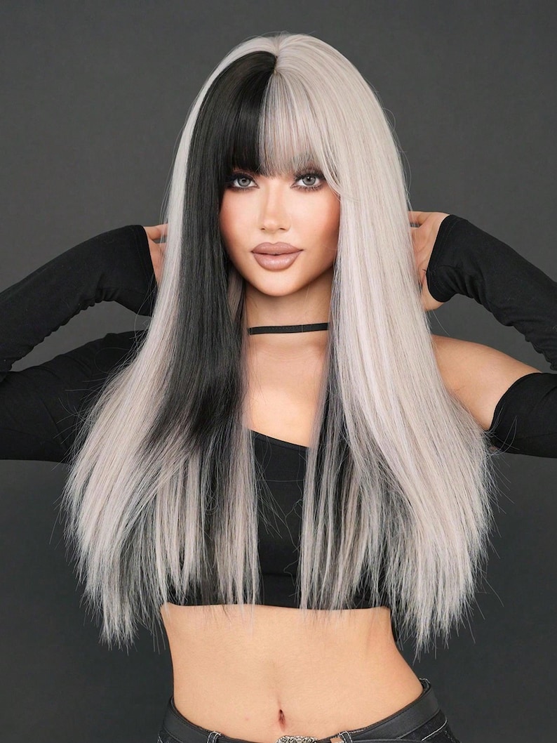 Highlights Silver Wig Soft Long Straight Wig Silver Mixed Black Wig ...