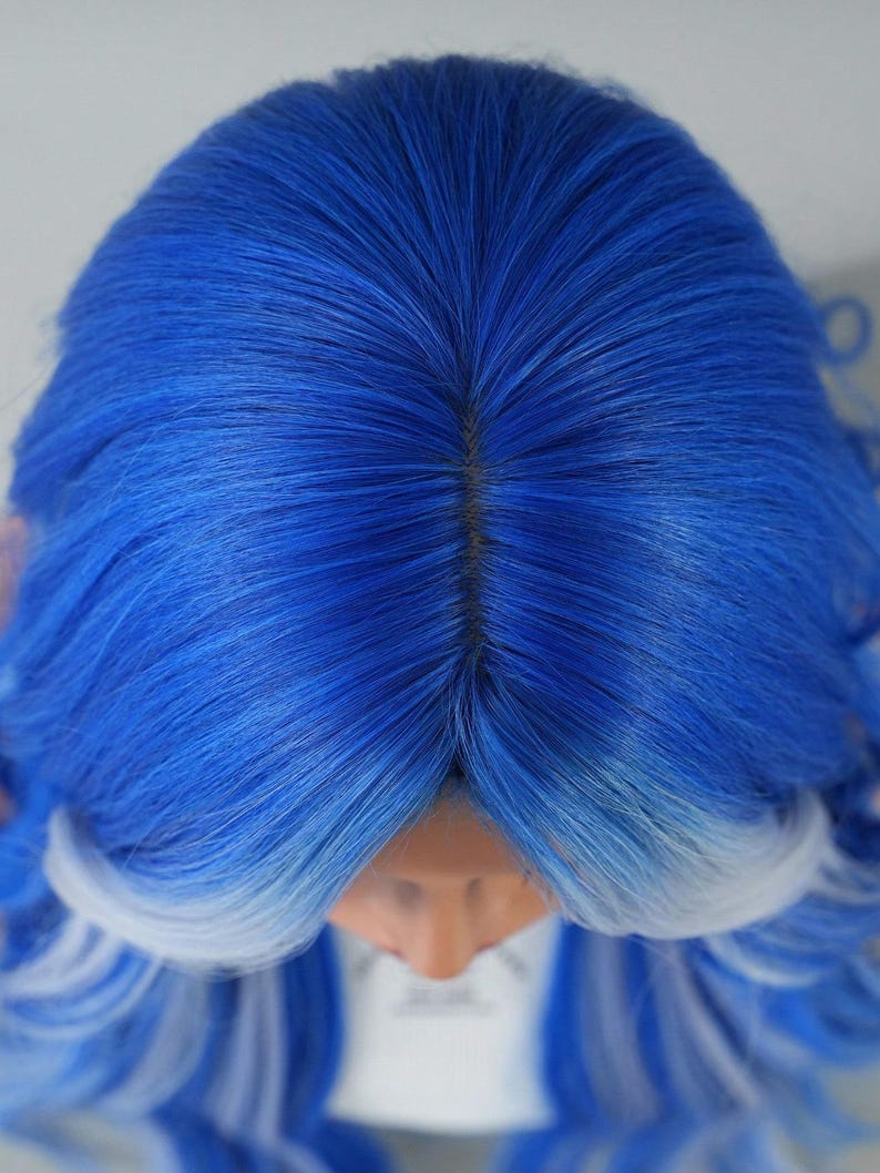 NICKY WALL Long Blue Wig Mixed Highlight Grey Wave Curly Wig Natural ...