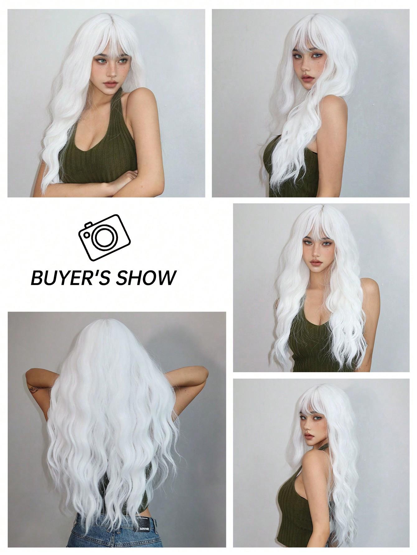26 Inch Long White Wigs With Bangs Natural Wavy Hair Synthetic Wigs for ...