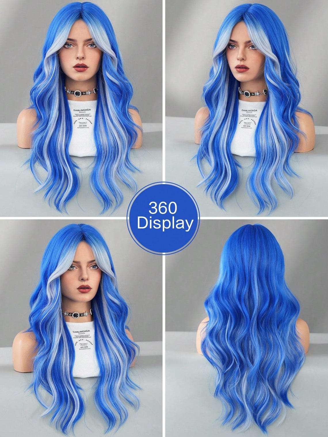 NICKY WALL Long Blue Wig Mixed Highlight Grey Wave Curly Wig Natural ...