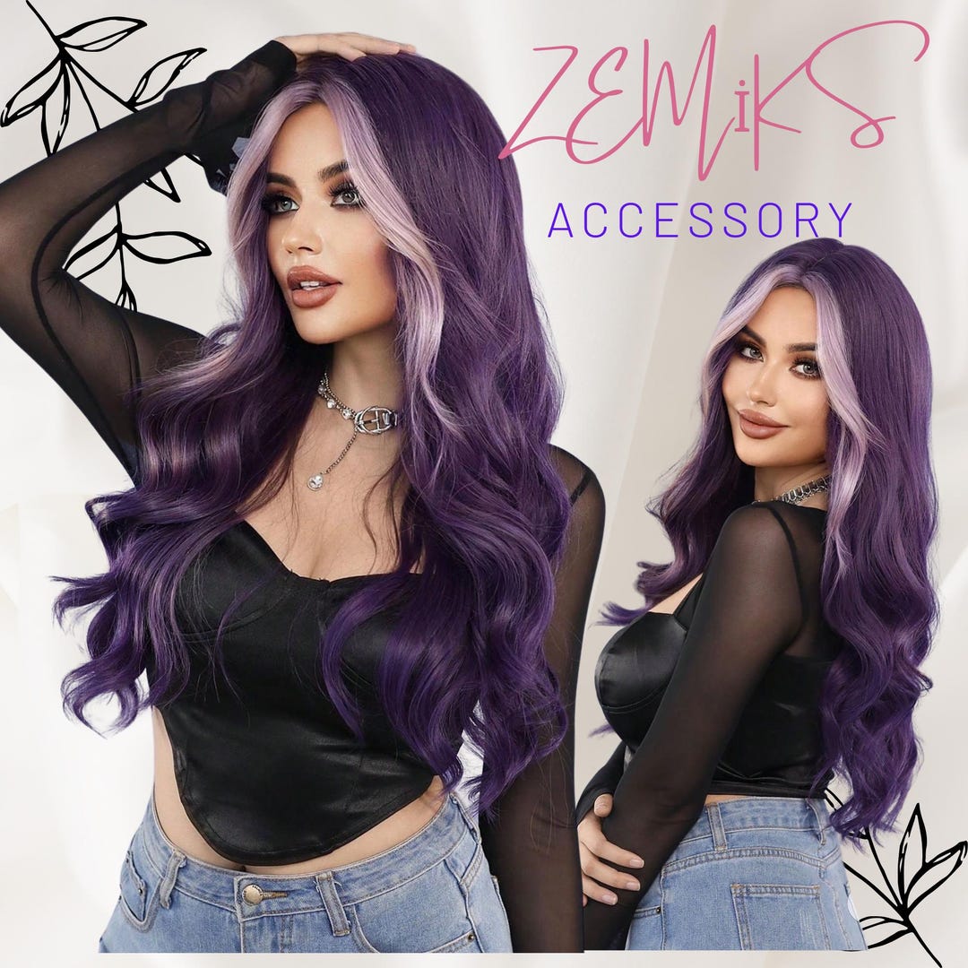 Purple Long Body Wavy Wig Middle Part Violet Wig With Skunk Stripe ...