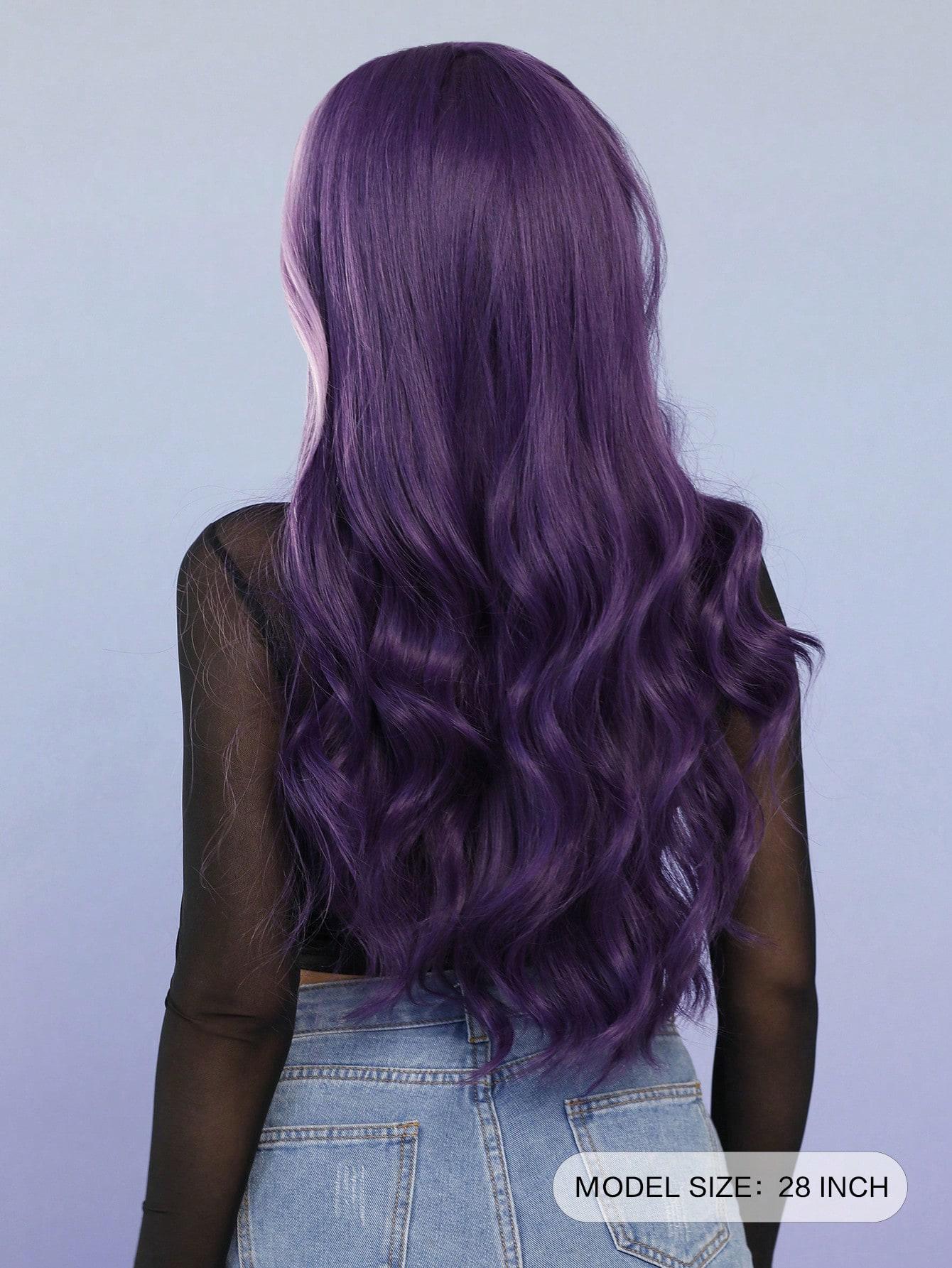 Purple Long Body Wavy Wig Middle Part Violet Wig With Skunk Stripe ...