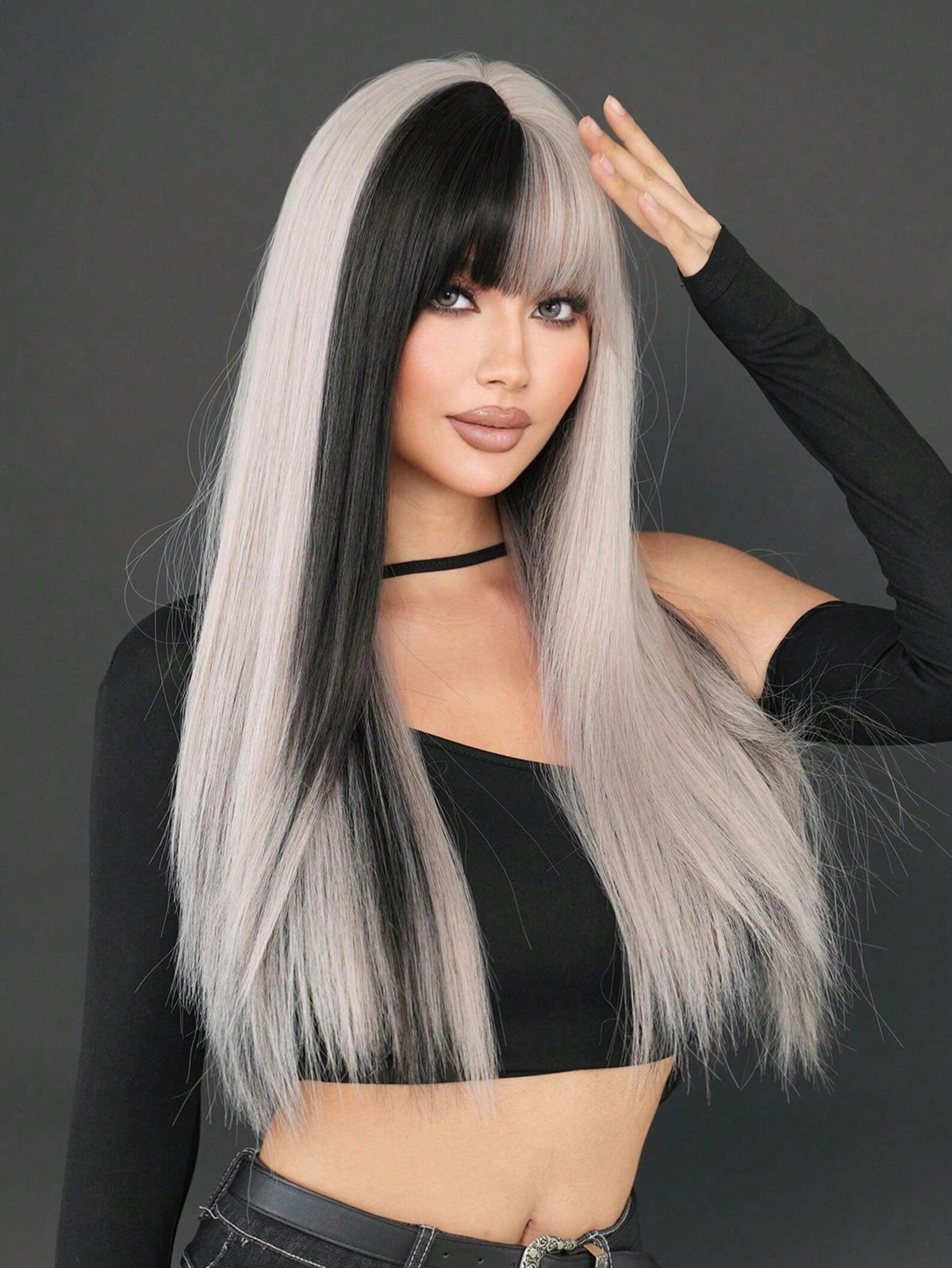Highlights Silver Wig Soft Long Straight Wig Silver Mixed Black Wig ...