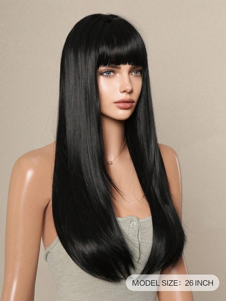 26 Inch Black Natural Long Straight Hair With Bangs Synthetic Wig for ...