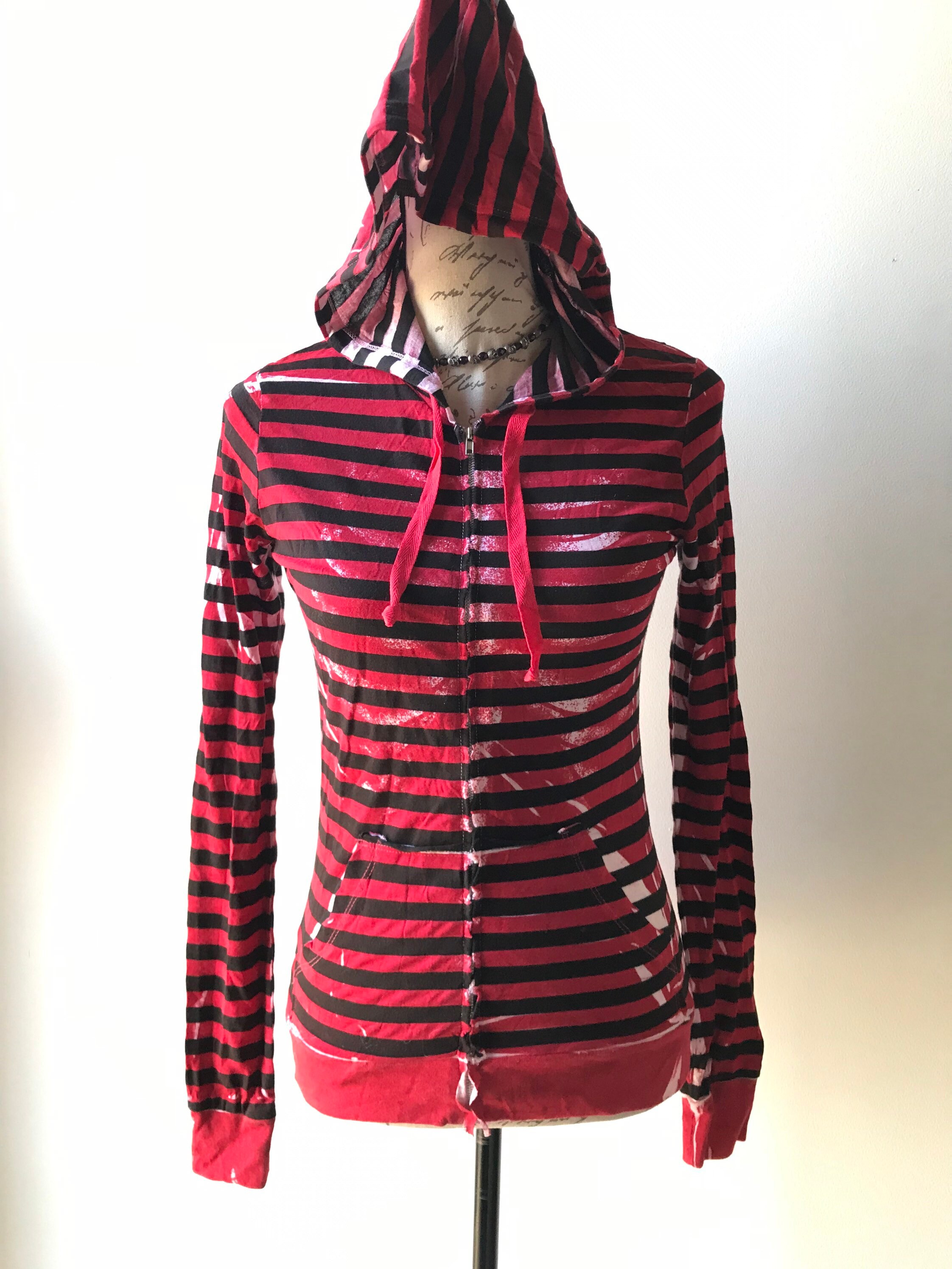 Y2K Womens Black & Red Striped Light Spring Hoodie Mall Goth Emo Hot ...
