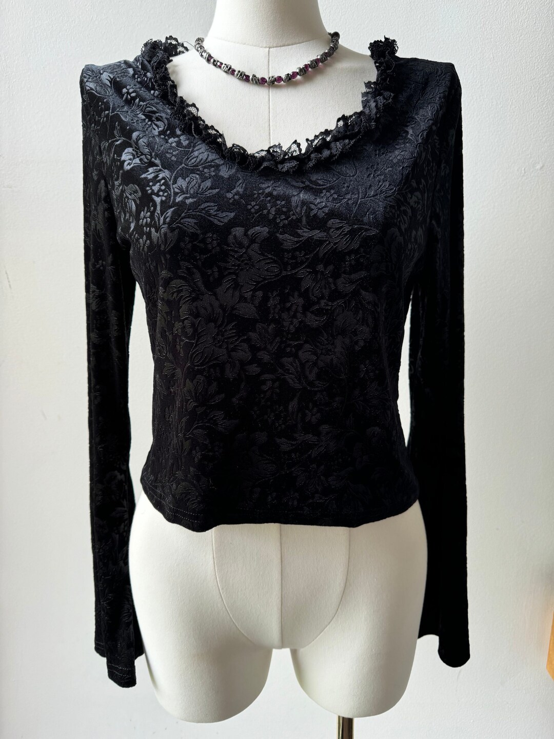 Adorable Mall Goth Crushed Velvet Top - Black With Floral Pattern ...