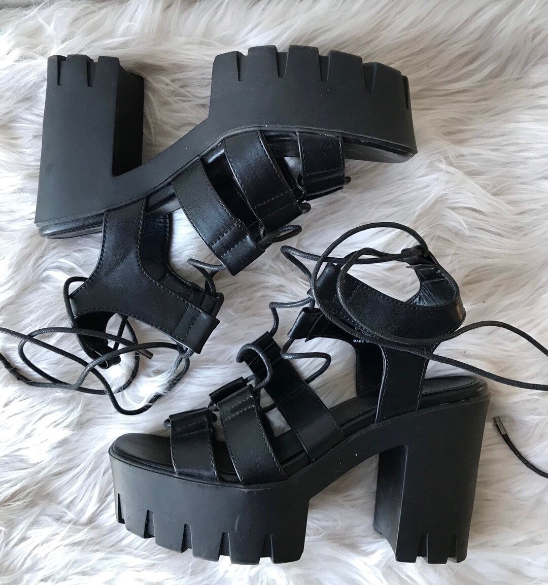 Women’s Black Strappy Gladiator Platform Chunky Heel Lug Sole Sandals ...