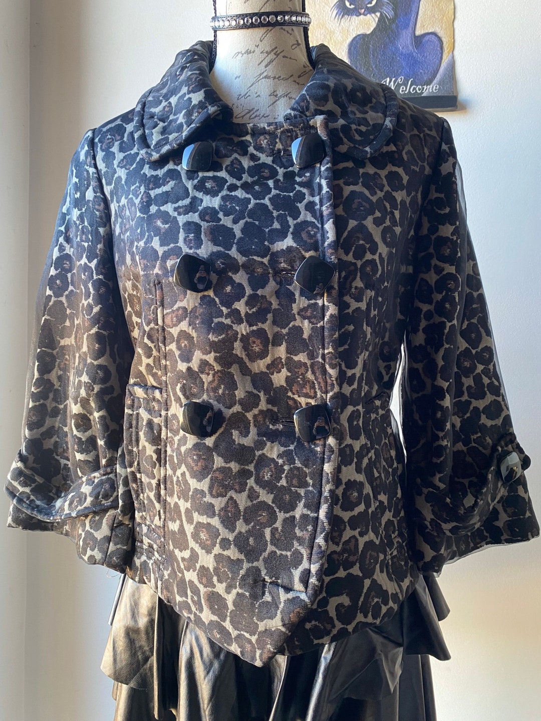Vintage Animal Leopard Print Mesh Overlay Double Breasted Jacket Coat ...