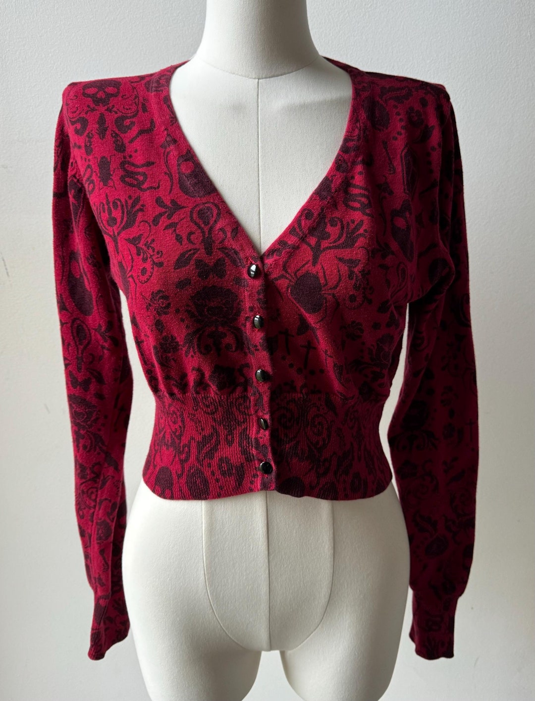 Jawbreaker Red Cardigan With Spooky Black Print Goth Emo Halloween ...