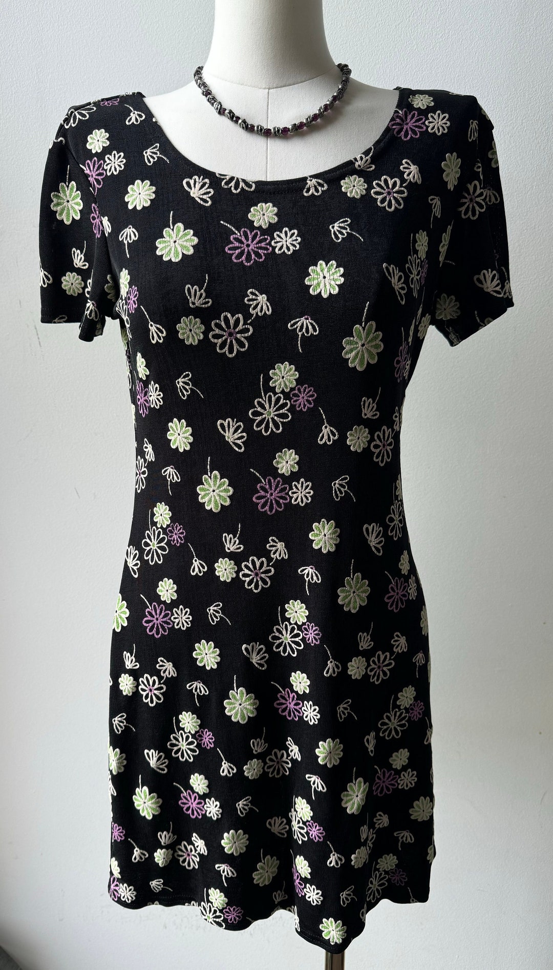 Vintage Y2K Black Clingy Shirtdress With White, Pink & Green Flowers ...