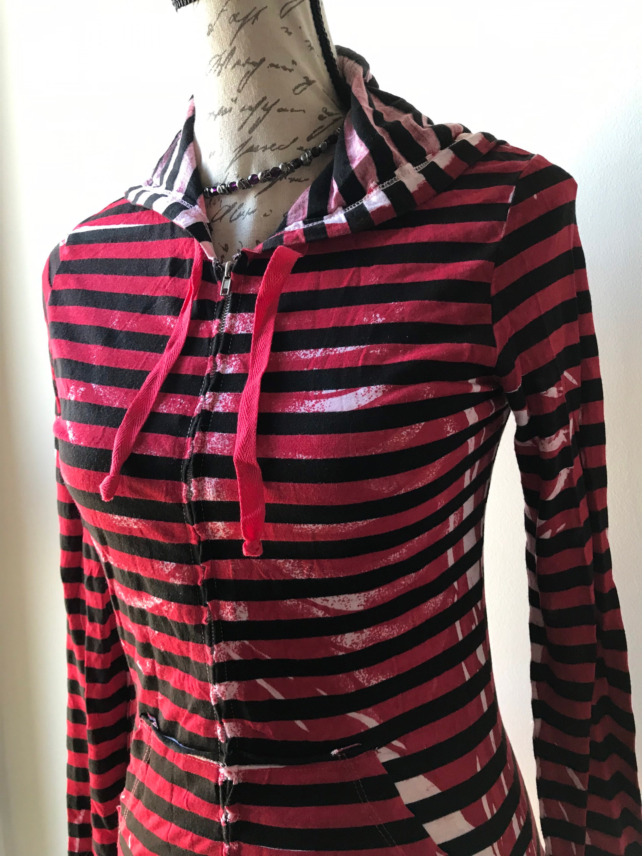 Y2K Womens Black & Red Striped Light Spring Hoodie Mall Goth Emo Hot ...